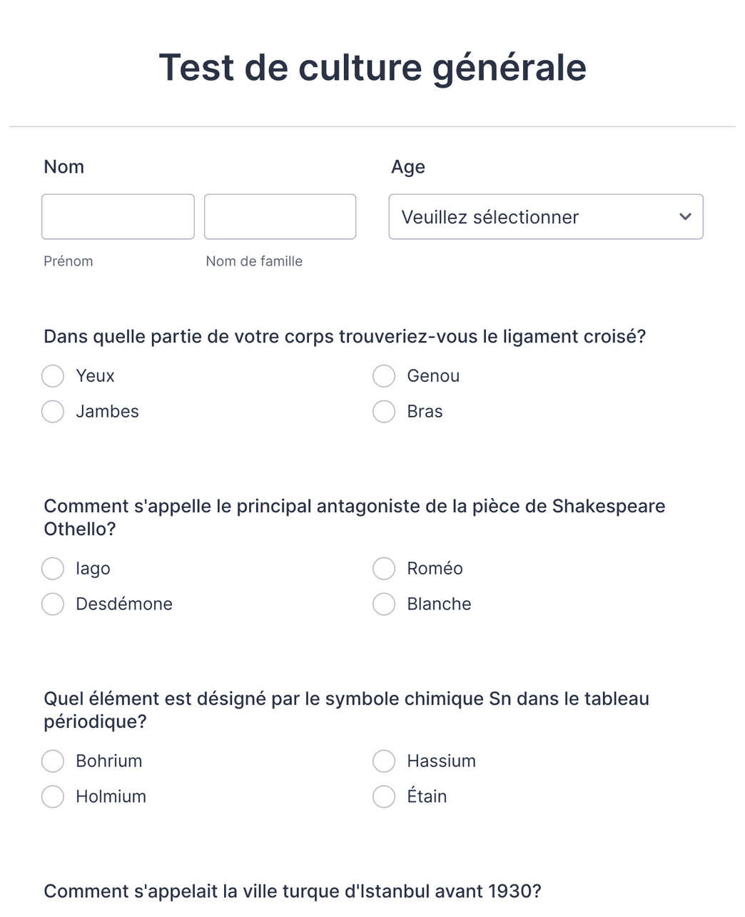 Test de culture générale Modèle du formulaire | Jotform