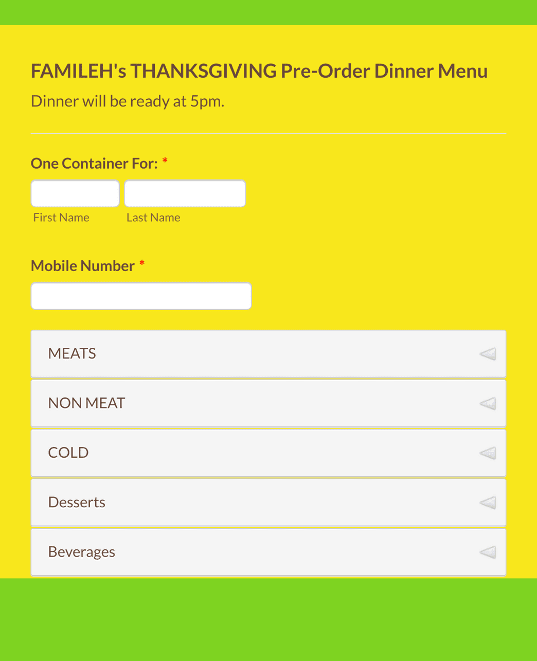 Thanksgiving Pre-Order Dinner Menu Form Template | Jotform