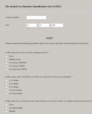 The Alcohol Use Disorders Identification Test (AUDIT) Form Template ...