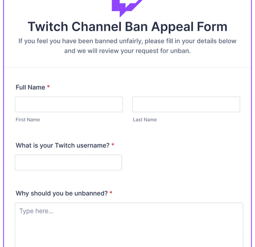 Twitch Channel Ban Appeal Form Template | Jotform