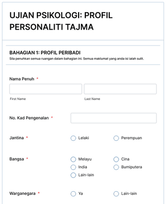 UJIAN PSIKOLOGI: PROFIL PERSONALITI TAJMA Form Template | Jotform