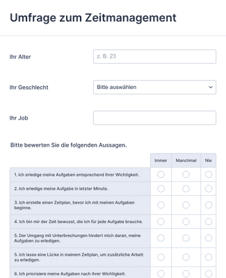 Umfrage zum Zeitmanagement Formularvorlage | Jotform