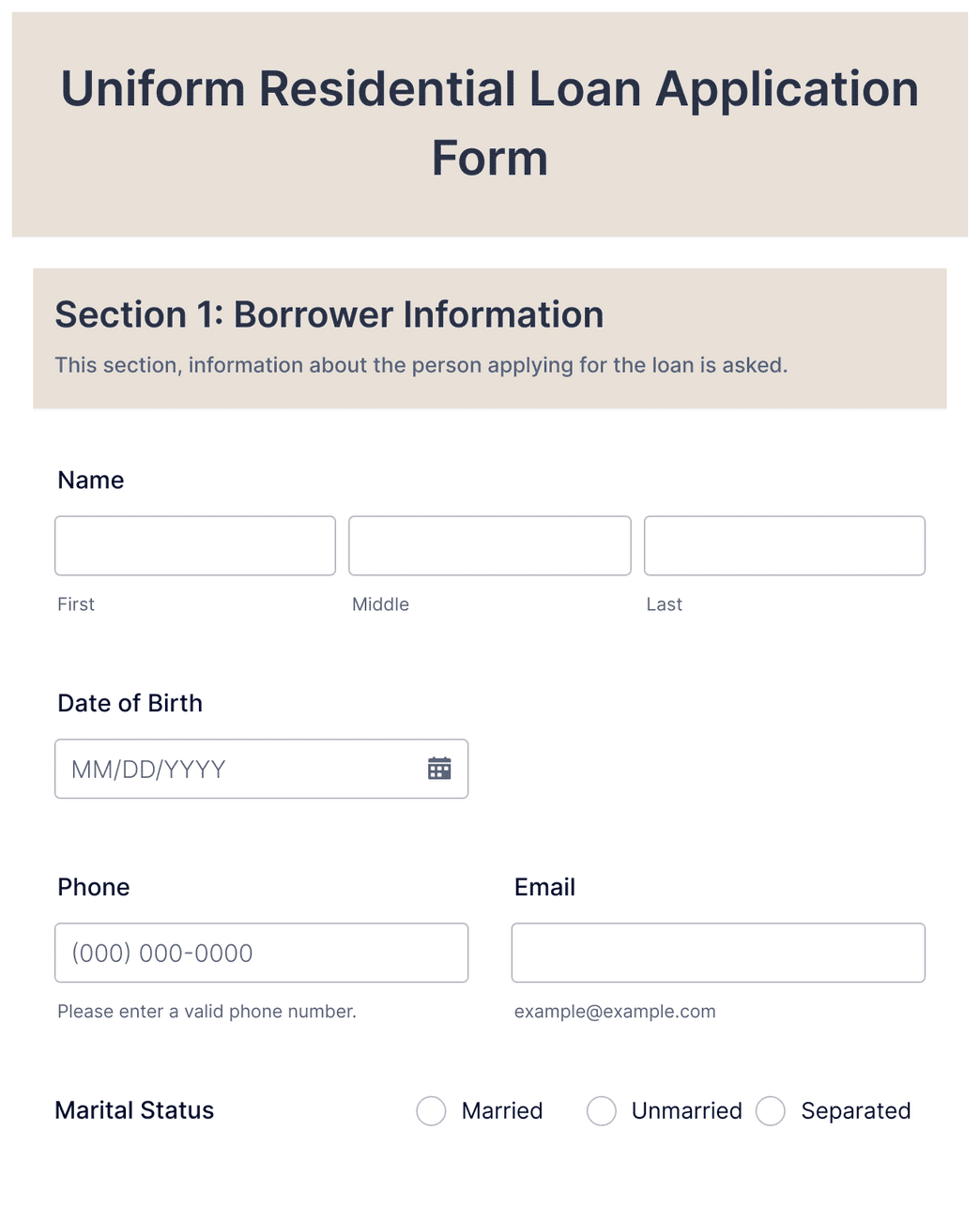 Uniform Residential Loan Application Form Template | Jotform