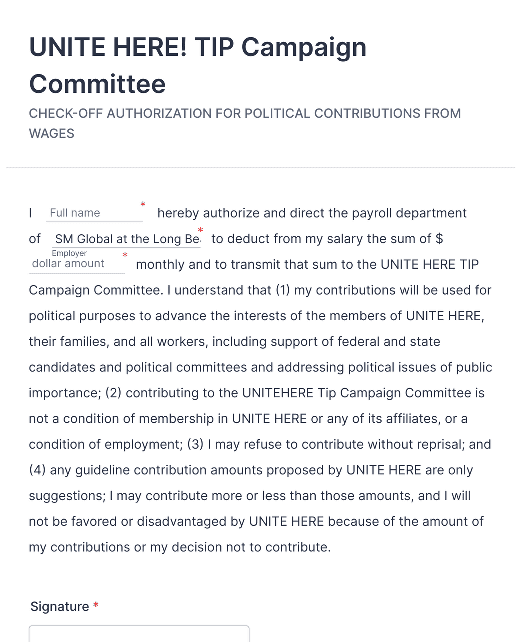 UNITE HERE! TIP Campaign Committee Form Template | Jotform