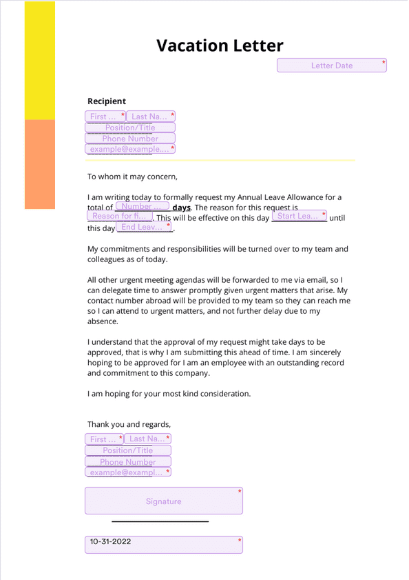Vacation Letter - Sign Templates | Jotform