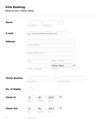 Villa Booking Form Template | Jotform