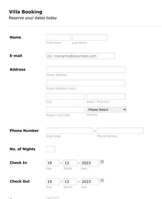 Villa Booking Form Template | Jotform
