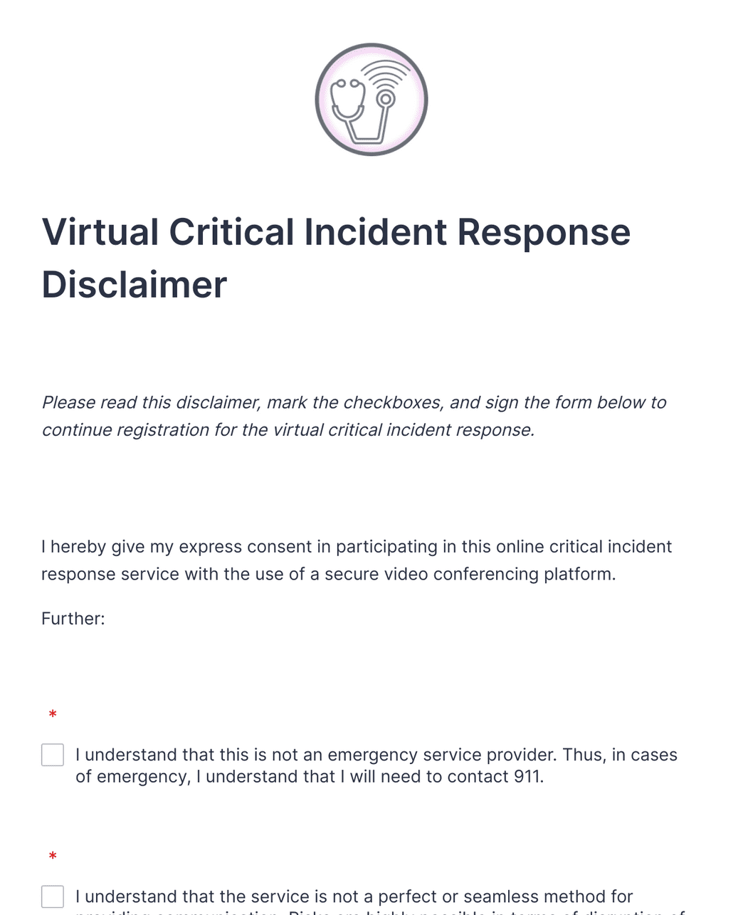 Virtual Critical Incident Response Disclaimer Form Template | Jotform