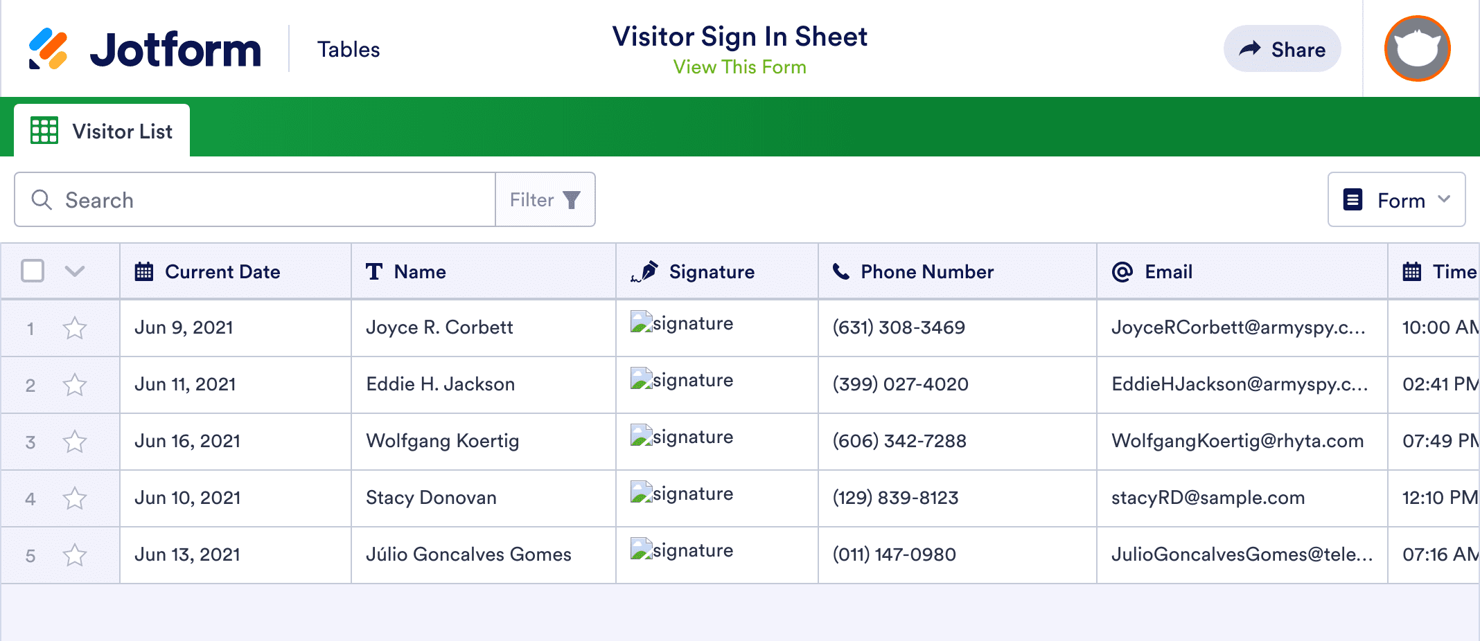 Visitor Sign In Sheet Template | Jotform Tables