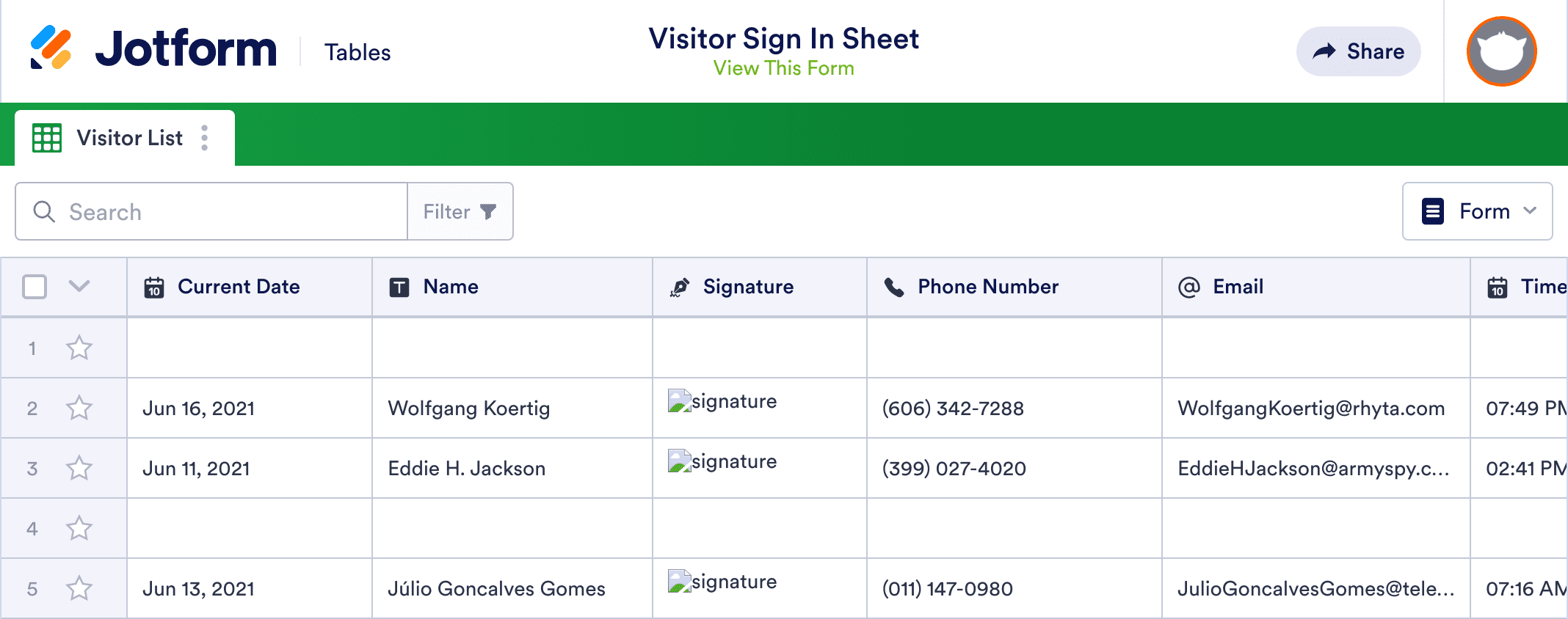 Visitor Sign In Sheet Template | Jotform Tables