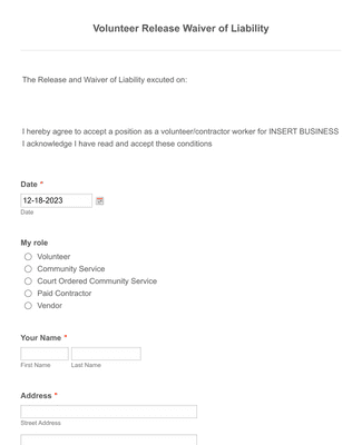 Volunteer Release and Waiver of Liability Form Template | Jotform