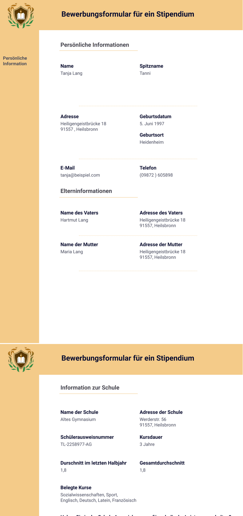 Vorlage für eine Bewerbung um ein Stipendium - PDF-Vorlagen | Jotform