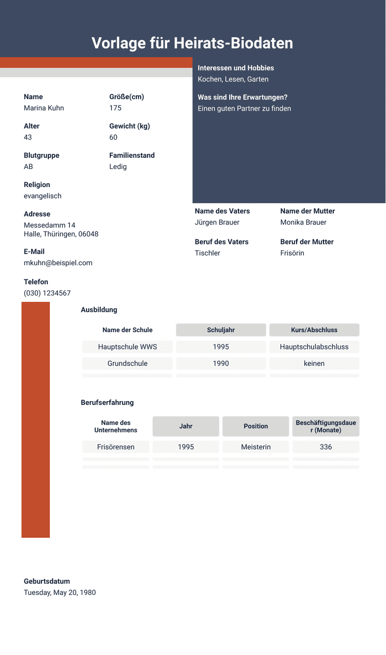 Vorlage für Heirats-Biodaten - PDF-Vorlagen | Jotform