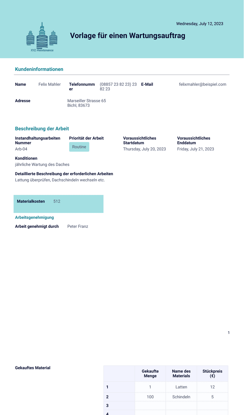 Vorlage Wartungsauftrag - PDF-Vorlagen | Jotform