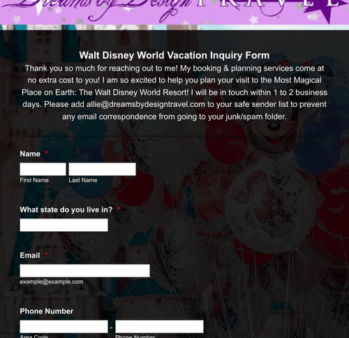 Walt Disney World Vacation Inquiry Form (Allie DBD) Form Template | Jotform