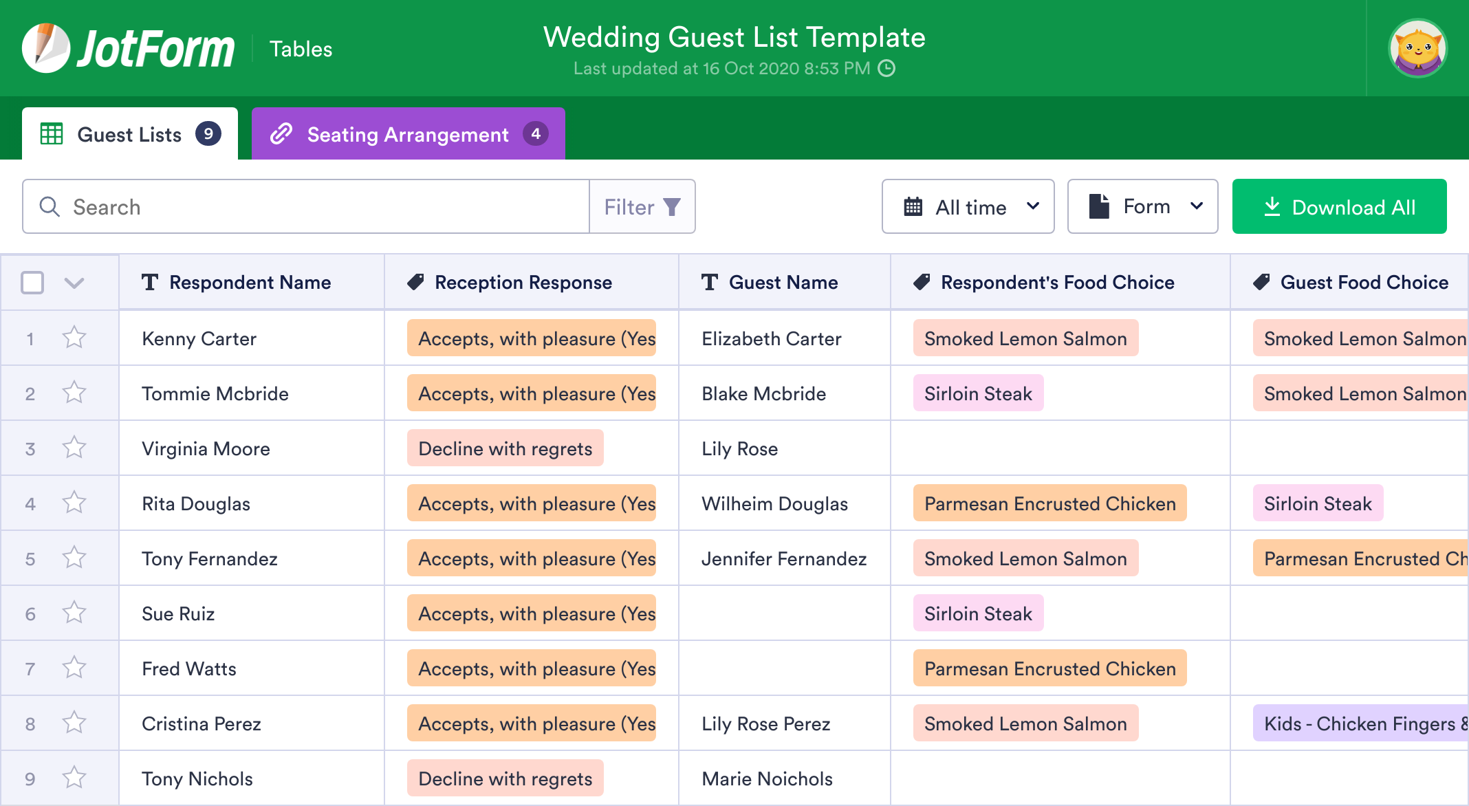 Wedding Guest List Template JotForm Tables