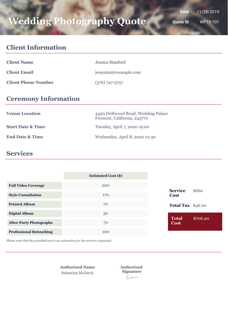 Wedding Photography Quote Template - PDF Templates | Jotform