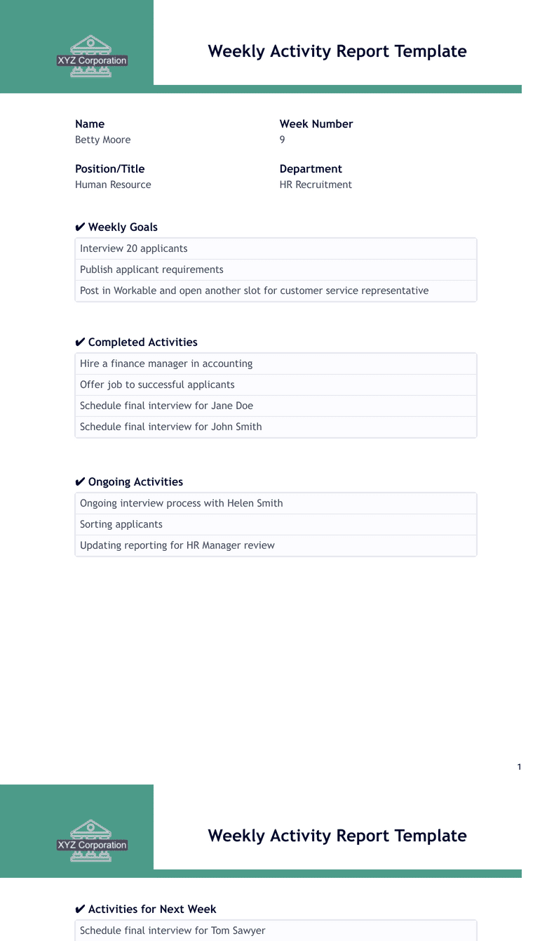Weekly Activity Report Template PDF Templates Jotform