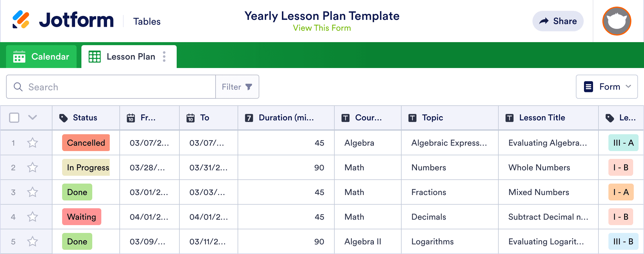 Yearly Lesson Plan Template Jotform Tables