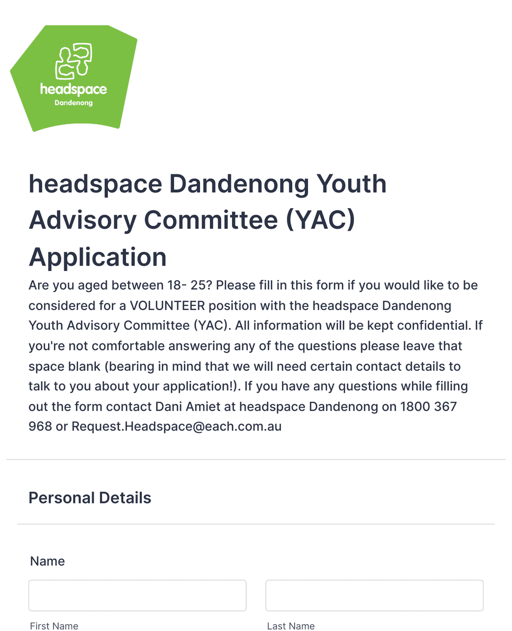 Youth Advisory Committee (YAC) Application Form Template | Jotform